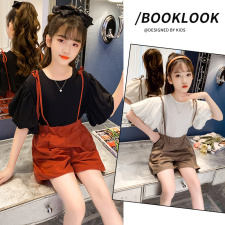 女童背带裤套装夏2021新款洋气韩版夏季中大童休闲时髦短裤两件套_琪琪贝XLS183&090泡泡袖套装 - 货捕头